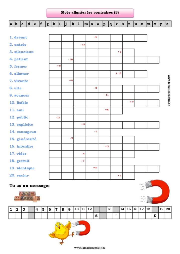 Mots alignés: les contraires (fiche 3) - La maison en folie