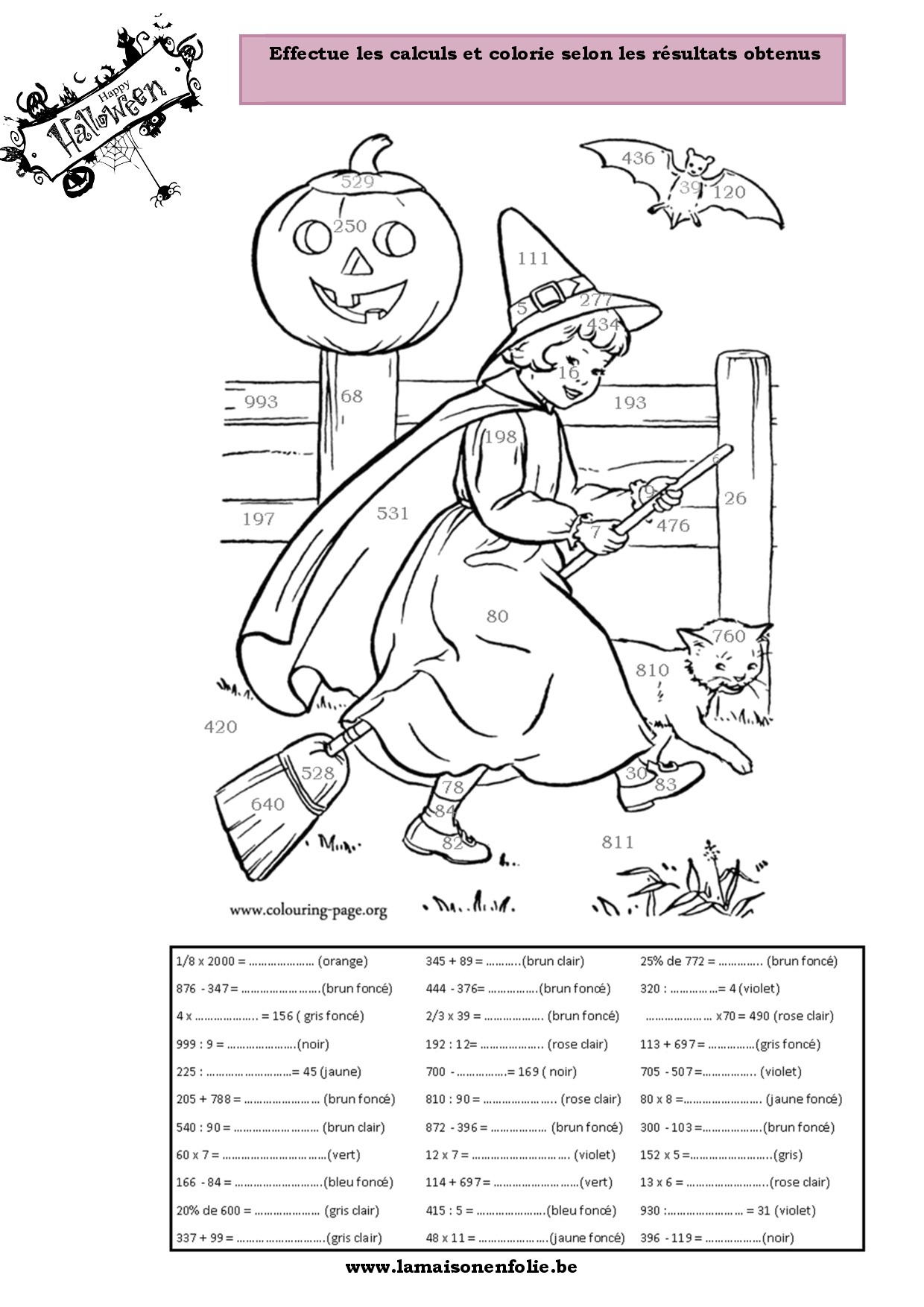 Coloriage magique calcul mental Halloween - La maison en folie