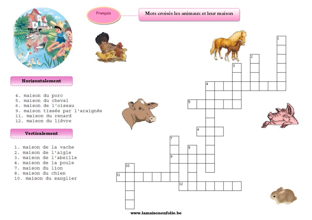 Mots croisés: les animaux et leur maison - La maison en folie