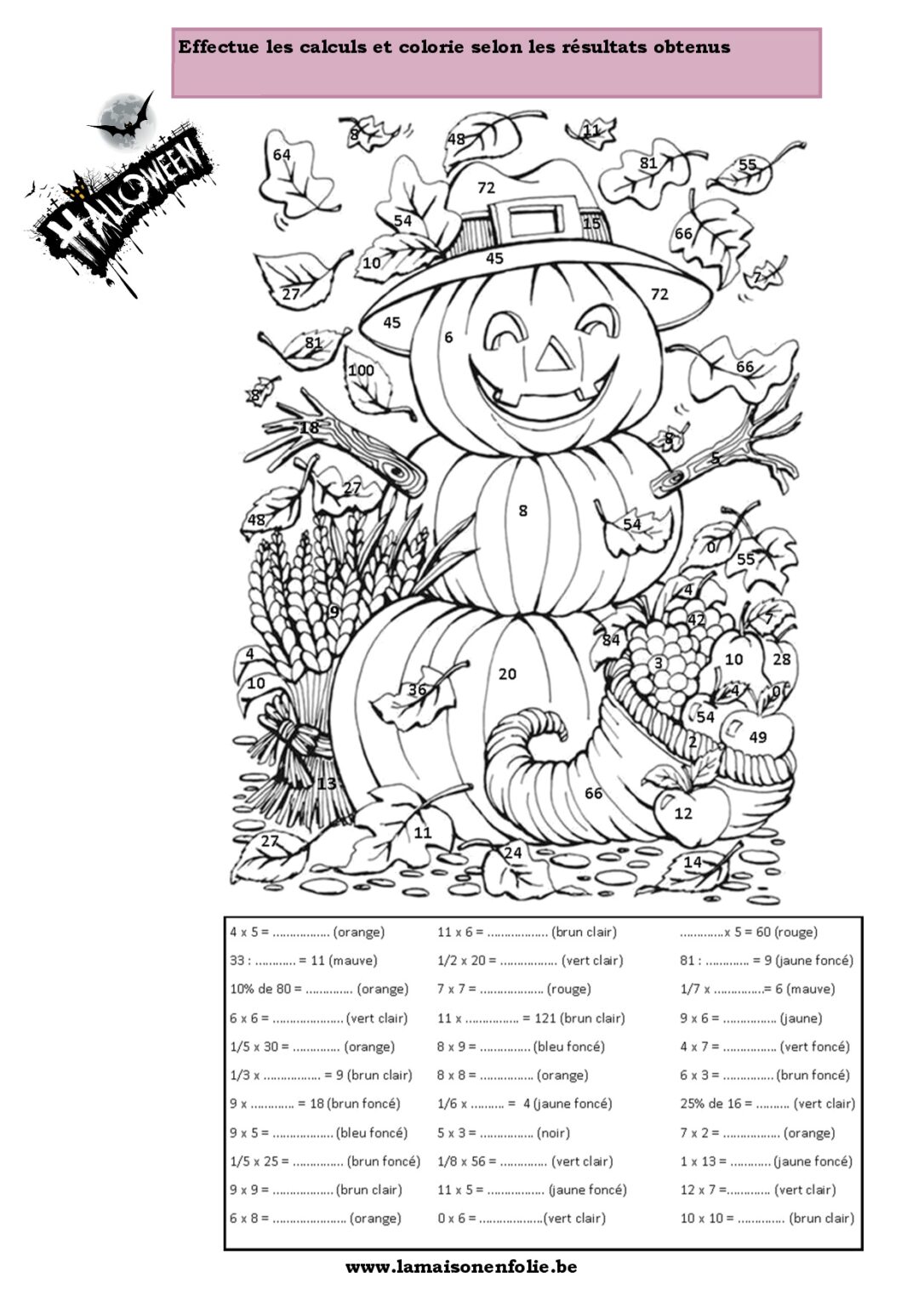 Coloriage magique d’Halloween tables de multiplication - La maison en folie